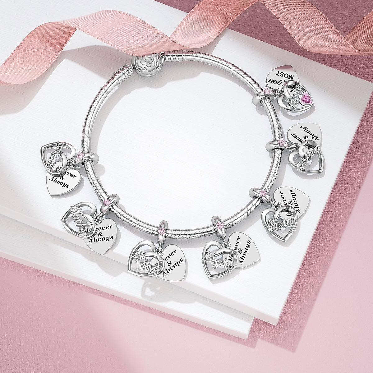 JIAYIQI Present for Wife, Wife Charm for Pandora Charms Bracelet 925 Sterling Silver Forever Always Love Charms with Cubic Zircon for Women Birthday Christmas Valentine's Day Present