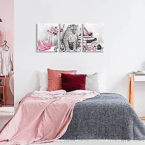 Visual Art Decor Glam Fashion Picture Pink Blush Wall Art Leopard Books High Heel Shoes Perfume Canvas Prints for Modern Home Office Woman Girl Makeup Bedroom Wall Decoration Creative Design Gift (12x16x3)