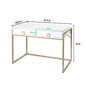 Anmytek Home Office Writing Desk 2 Drawers Storage, Contemporary Makeup Vanity Table Study Desk, W/Matte White and Gold Finish Frame D0003
