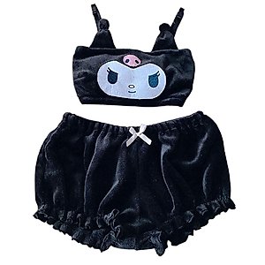 BZB Kawaii Anime Cute Pajamas Set for Women Sweet Lovely Velvet Tube Top and Shorts Two Piece Cartoon Sleepwear Sets Black