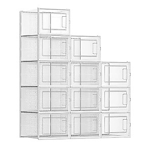 SONGMICS Shoe Boxes, Pack of 12 Shoe Storage Organizers, Stackable Clear Plastic Boxes for Closet, Sneakers, 9.9 x 13.7 x 7.4 Inches, Fit up to US Size 13, Transparent and White ULSP12MWT