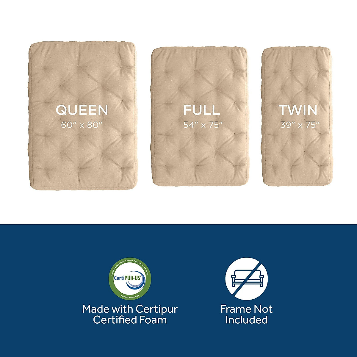 by The Futon Factory Cooling Gel Memory Foam 8 inch Futon Mattress - Solid Khaki Cover - Full Size - CertiPUR Certified Foams - Made in USA - (Frame not Included)