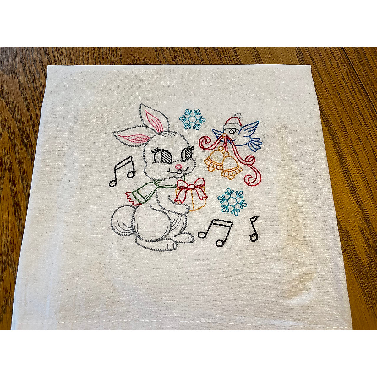 Christmas embroidered flour sack tea towel, Christmas bunny, vintage pattern, 1 in set of 7 designs, machine embroidery