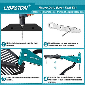 Libraton Heavy Duty Rivet Gun, Pop Rivet Gun Set, Professional Hand Riveter, Manual Riveting Tool with 110Pcs Rivets and 4 Interchangeable Heads, for Metal, Wood and Plastic