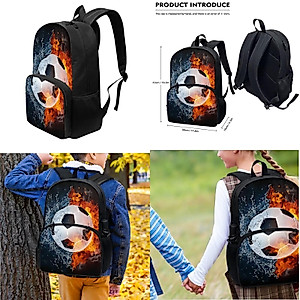 Annejudy Water Fire Football Kids Backpack with Lunch Box, Soccer Print Boys School Backpacks Book Bag with Pencil Case 3pcs Lightweight Daypack Bookbag Back to School Supplies