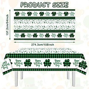 Whaline 3Pcs St. Patrick's Day Disposable Tablecloth Green Black Buffalo Plaid Shamrock Pattern Rectangle Plastic Table Cover Irish Holiday Table Cloth for Picnic Dinner Table Decor, 54 x 108 Inch