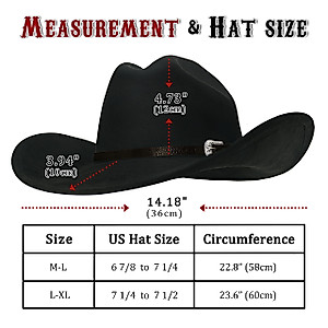 FLUFFY SENSE. Cowboy Hat for Women and Men with Shapeable Wide Brim - Felt Cowboy Hat Cattleman Western Hats for Cowboys and Cowgirls (as1, Alpha, m, l, Raven Black)