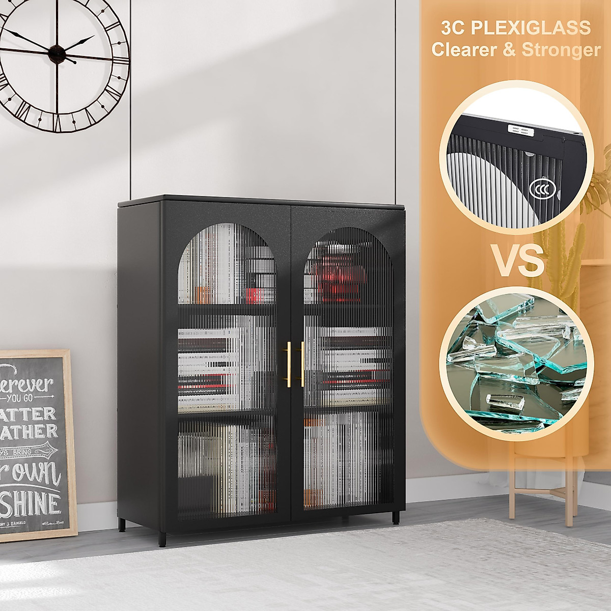 OSEILLC Metal Sideboard Buffet Cabinet with Tempered Glass Doors, Accent Cabinet with Adjustable Shelves, Credenza Cupboard Console Table for Kitchen, Living Room, Dining Room, Bedroom, Hallway