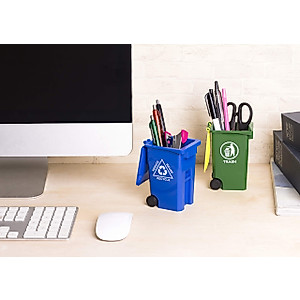 Wiosi Mini Curbside Garbage Trash Bin Pen Holder and Unique Tiny Size Recycle Can Set Pencil Cup Desktop Organizer Green Blue 2-Pack