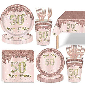 121Pcs 50th Birthday Party Supplies Plates Napkins Cups Forks Tablecloth Rose Gold Happy 50th Birthday Themed Disposable Tableware Decorations Serves 24 Guests for Women 50 Years (50th rose gold)