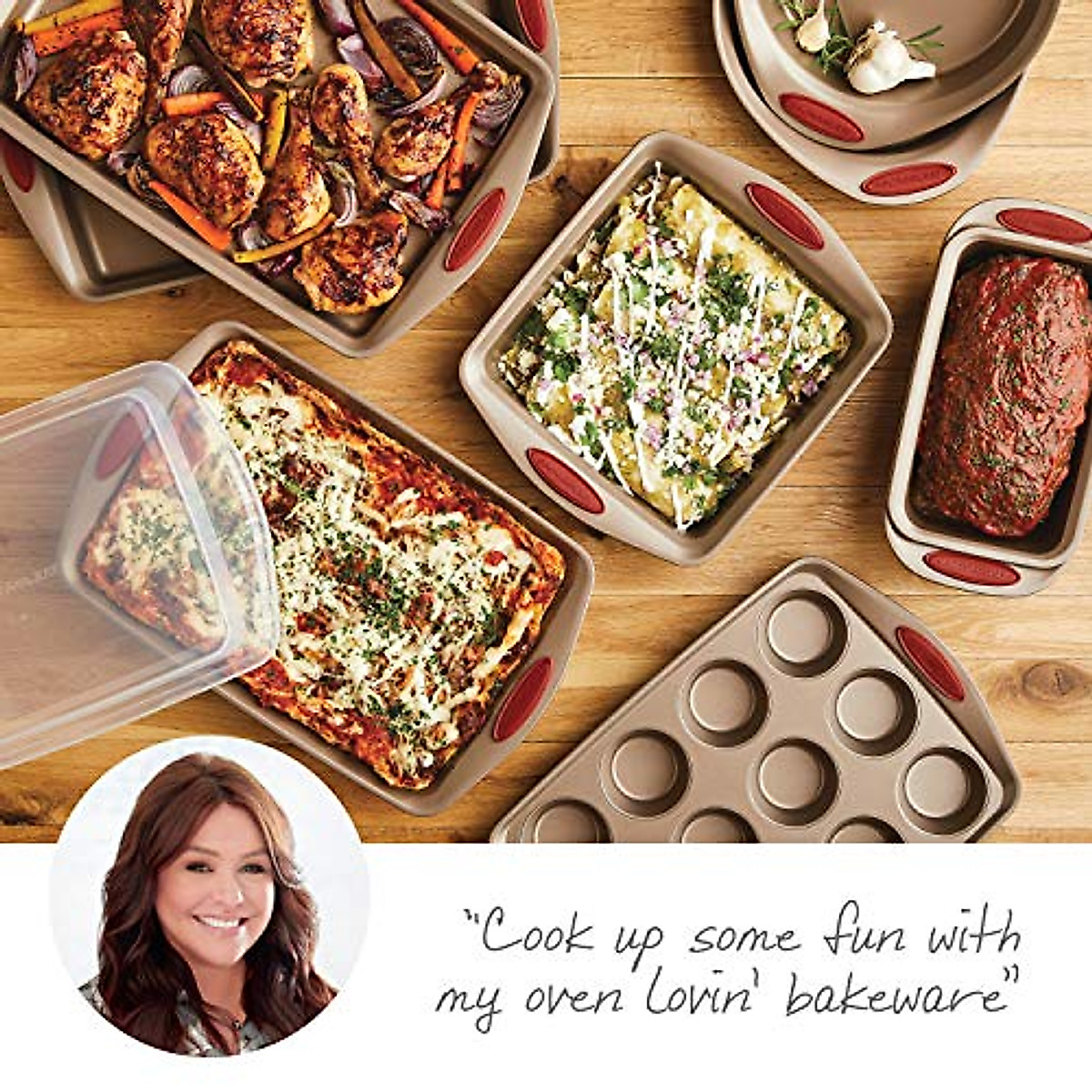 Rachael Ray Cucina Nonstick Bakeware Set Baking Cookie Sheets Cake Muffin Bread Pan, 10 Piece, Latte Brown with Cranberry Red Grips