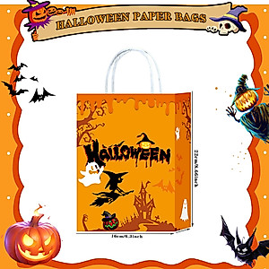 Hitkmi 18 Pcs Halloween Bags,Treat Bags, Halloween Paper Gift Bags, Trick or Treat Bags, Goodie Bags with Handles for Halloween Candy, Gift, Baked Goods, Party Supplies (Orange, 18 Pcs)