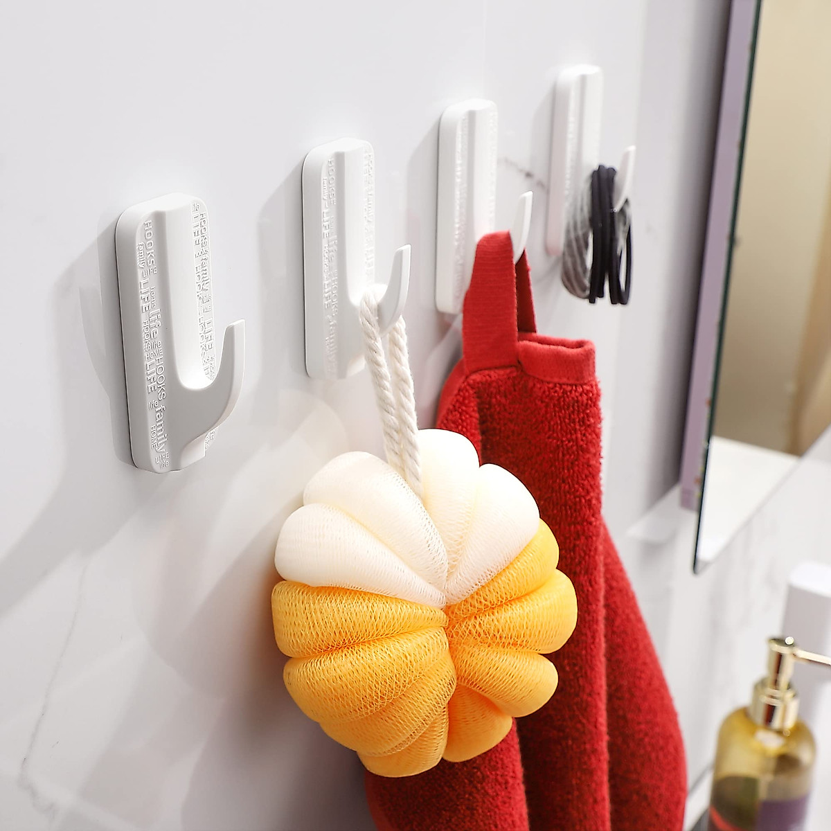 ALOCEO Wall Sticky Hooks for Hanging Shower Hooks for Bathroom Kitchen Office Closet, 5 Pack 6 Adhesive Strips, White