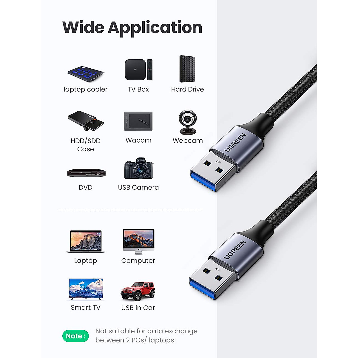 UGREEN USB 3.0 A to A Cable 3FT USB to USB Male to Male Nylon Braided Type A to Type A Cable Compatible with Hard Drive Enclosures DVD Player Laptop Cooler