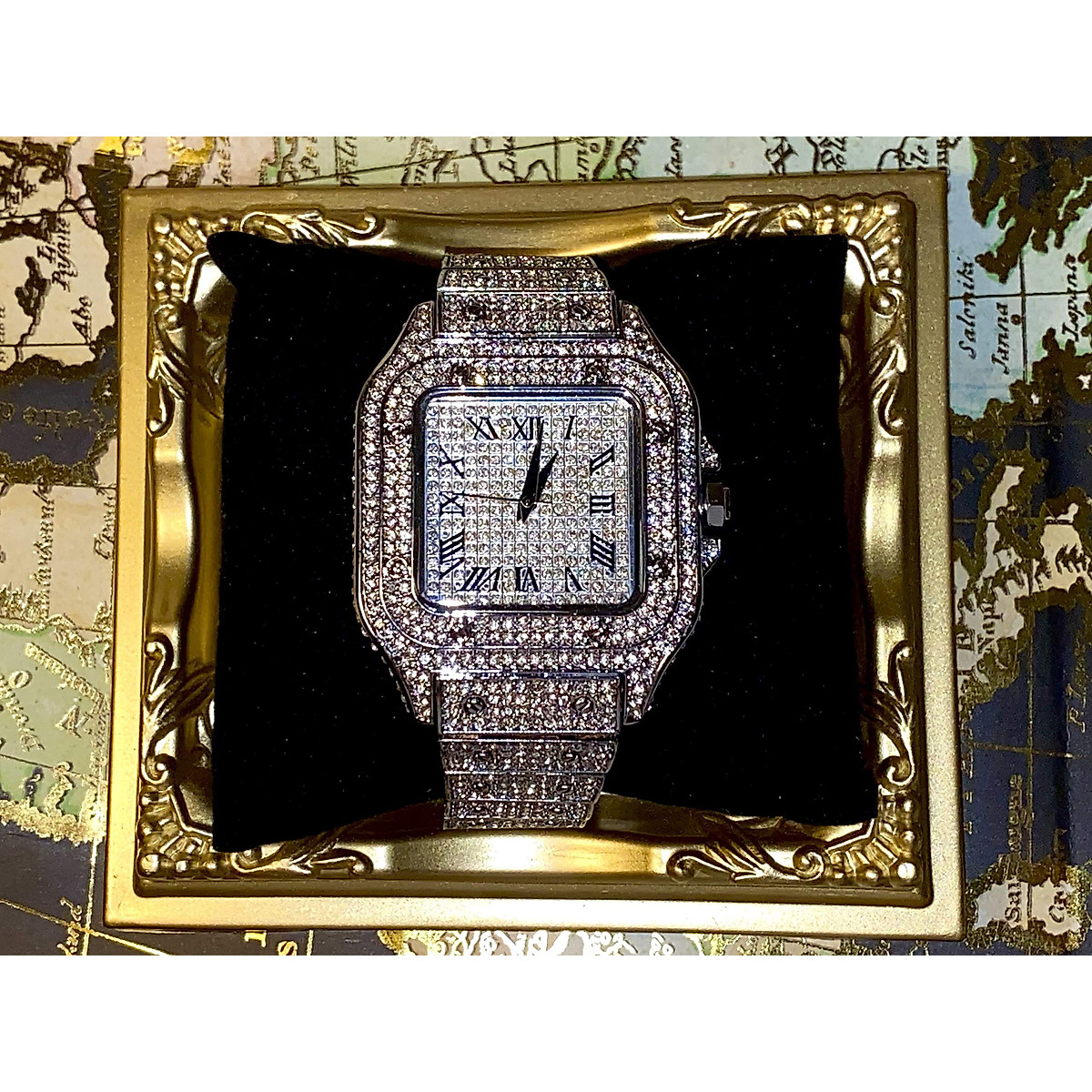 Luxury CZ Diamond Iced Bracelet Watch - Roman Numeric Square Dial - Custom Fit, Bust Down Watch For Men, Women & Hip Hop/Rapper Choice - Mens Jewelry