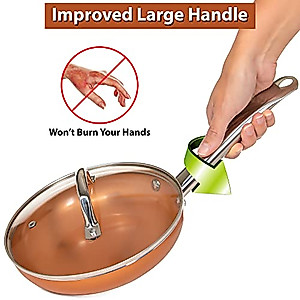FOOD BOUTIQUE Copper Nonstick Ceramic Frying Pan with lid – 8-inch Egg Cooking Pan with tamper glass lid