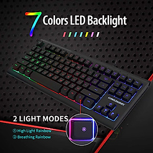 Lumsburry Rainbow LED Backlit 87 Keys Gaming Keyboard, Compact Keyboard with 12 Multimedia Shortcut Keys USB Wired Keyboard for PC Gamers Office