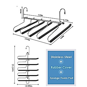 Pants Hangers Space Saving,5 Layers Pants Hangers with Non-Slip Foam Padded Swing Arm Trousers Hangers Heavy Duty Multi-Layer Pants Hangers Rack for Jeans Trousers Skirts Scarf(2 Pack)