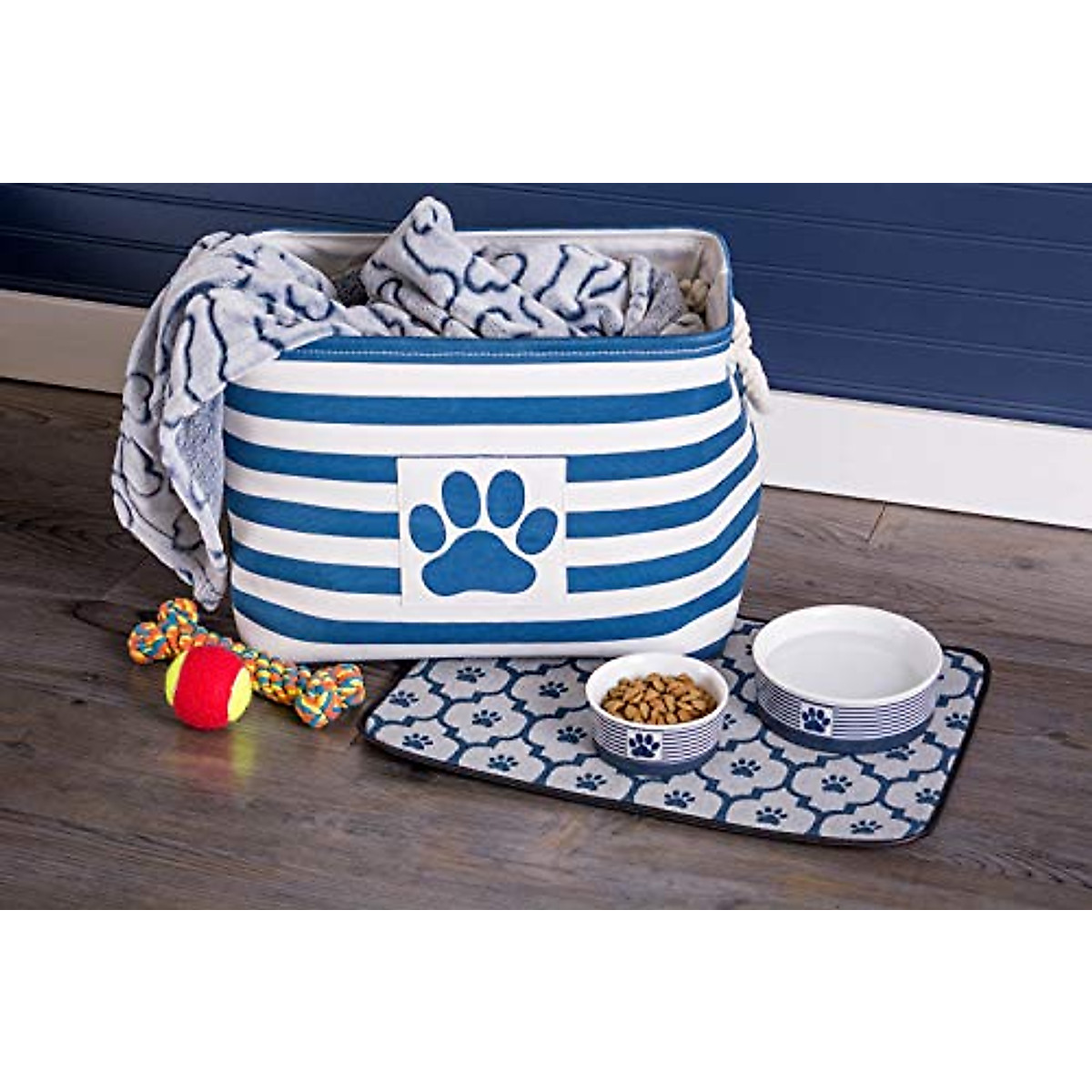 Bone Dry Pet Storage Collection Striped Paw Patch Bin, Large Rectangle, Navy