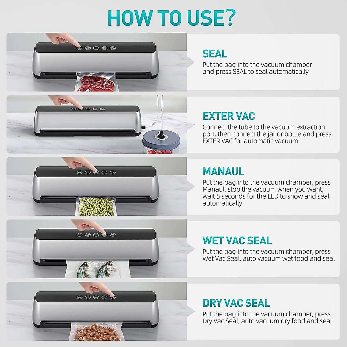 Vacuum Sealer Machine - Food-Vacuum-Sealer Automatic Air Sealing System for Food Storage Dry and Wet Food Modes LED Indicator Compact Design 11.8 Inch with 15Pcs Seal Bags Starter Kit (Silver)