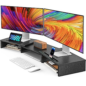 AMERIERGO Dual Monitor Stand -Adjustable Length and Angle, Dual Monitor Riser, Computer Monitor Stand w/2 Slot, Desktop Organizer, Monitor Stand Riser for PC, Computer, Laptop (Black)