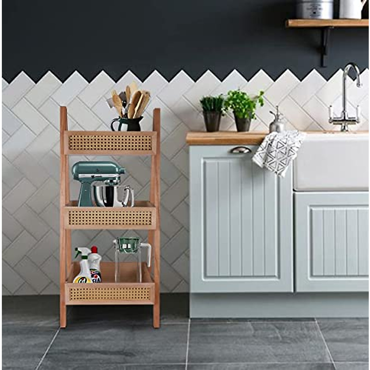 ZYBT Ladder Bookshelf, 3-Tier Rattan Bookshelf, Free Standing Bookcase, Blanket Ladder, Wood Organizer Storage Shelves for Living Room Bedroom Kitchen Bathroom Balcony and Home Office