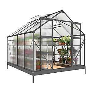 AMERLIFE 8x10x7.5 FT Polycarbonate Greenhouse 2 Sliding Doors 2 Vent Window Walk-in Premium Greenhouse Storage Shed Sunroom Aluminum Large Hot House for Outdoor Garden Backyard Matte Black