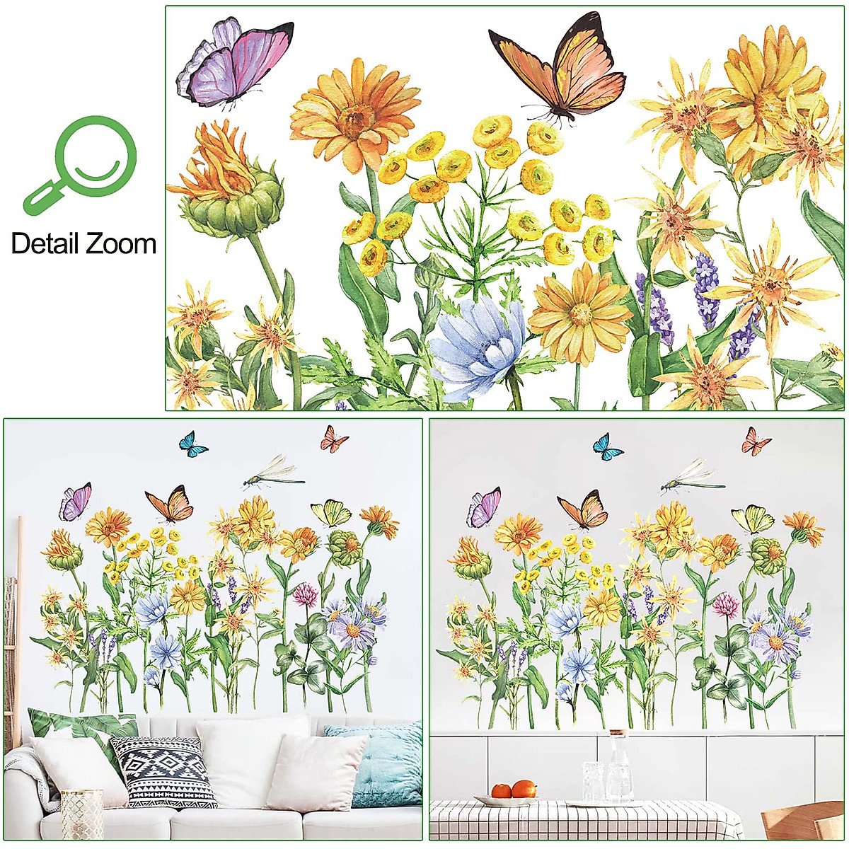 Buiory Removable Flowers Wall Decals Floral Butterfly Wall Stickers Garden Plants Wall Decor for Nursery Classroom Bedroom Bathroom Sofa TV Background