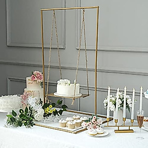 TABLECLOTHSFACTORY 3ft Tall Gold Metal Hanging Dessert Display Centerpiece with Jute Rope, Cake Stand Swing