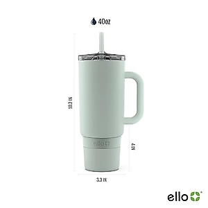 Ello Port 40oz Tumbler with Carry Loop & Integrated Handle, Vacuum Insulated Stainless Steel Reusable Water Bottle, Travel Mug with Leak Proof Lid & Straw, Perfect for Iced Coffee & Tea, Sage