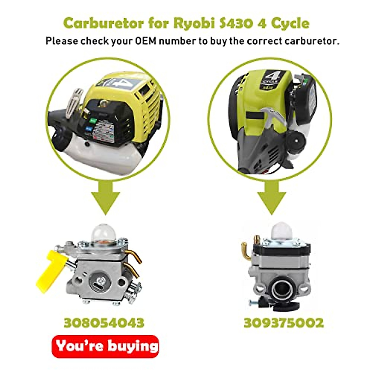 HUZTL CS26 Carburetor for Ryobi Homelite SS26 SS30 CS30 25cc 26cc 30cc Trimmer Blower Weed Eater Parts 308054043 308054013 308054003 308054077 C1U-H60