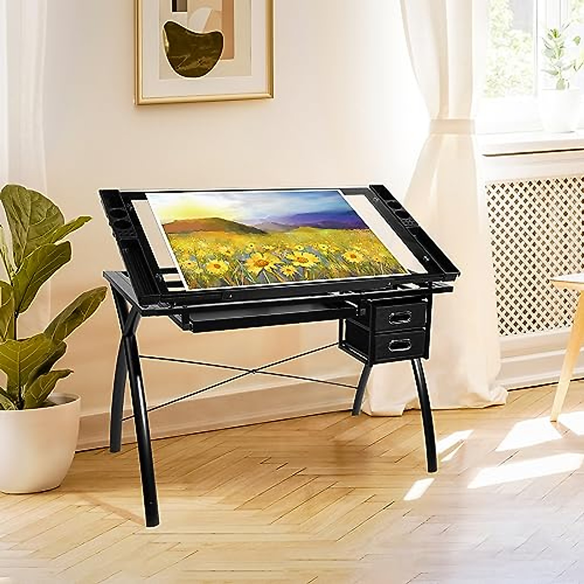 ComfyCorner Drafting Table for Artists, Adjustable Drawing Desk with Tempered Glass Tabletop, Tilting Draft Workstation Table with w/2 Drawers and Tray, Black