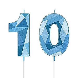 10th Birthday Candles 3D Diamond Shape Number Candles Numeral Birthday Cake Topper Cake Candles for Birthday Decoration Family Baking Reunions Theme Party Cake Decorating Supplies (Blue)