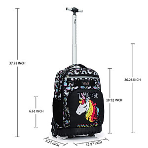 Tilami Rolling Backpack 19 inch with Lunch Bag Wheeled Laptop Backpack, Unicorn Cute