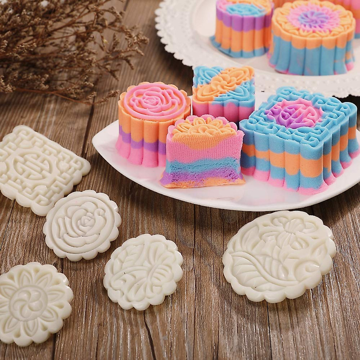 PowerKing Hand-Pressure Moon Cake Mould Cookie Stamps for Mid-Autumn Festival (4 Sets Mold with 12 Stamps)