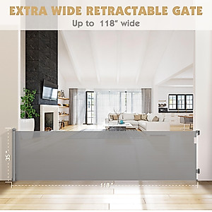 Coolever 118 Inch Retractable Baby Gates Extra Wide, Large Opening Retractable Baby Gates for Doorway Extra Long Dog Gate for The House Outdoor Large Pet Gates for Dog Indoor Mesh Child Gate, Grey