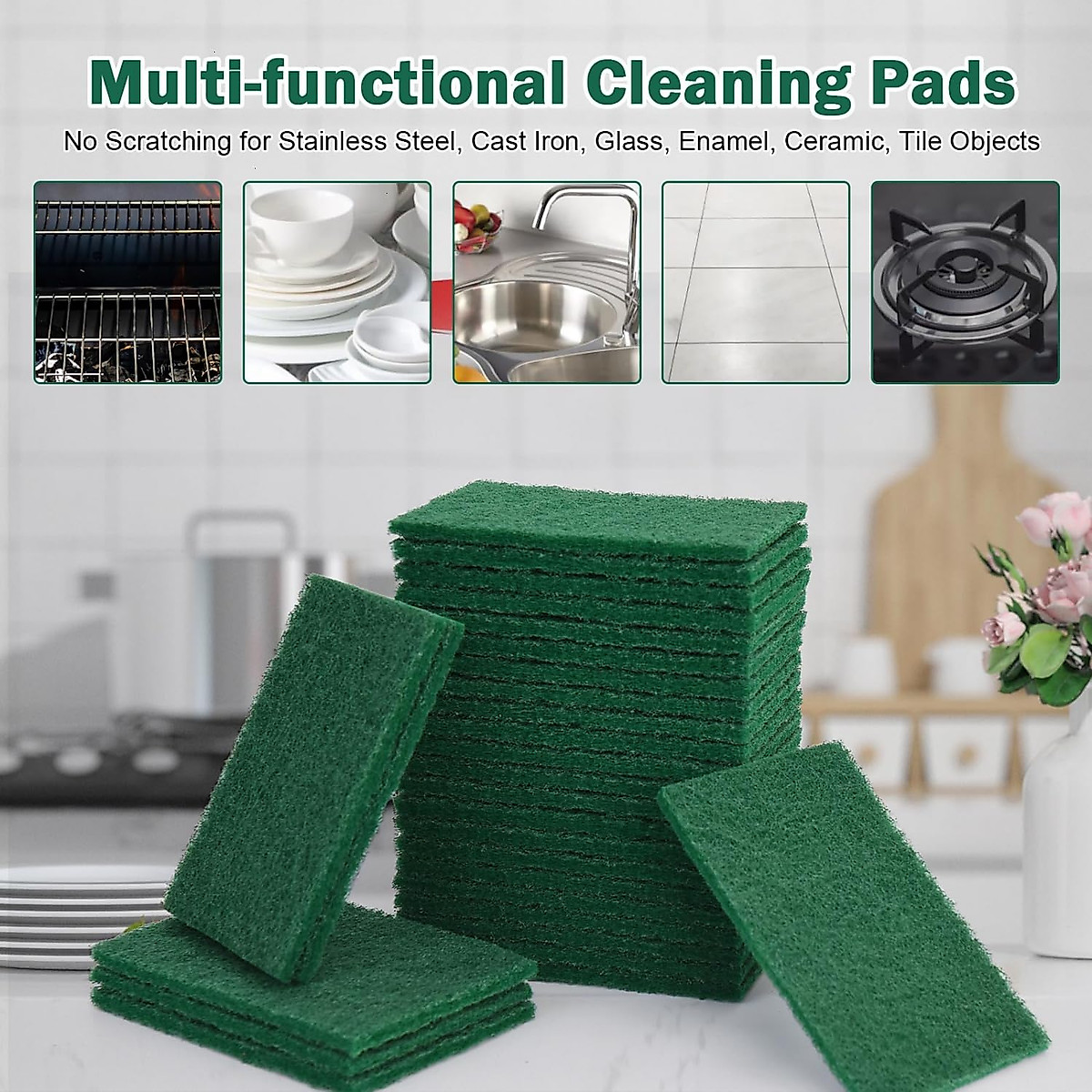 YoleShy 40 PCS Scouring Pad, Dish Scrubber Scouring Pads,4.5 x 6 inch Green Reusable Household Scrub Pads for Dishes, Kitchen Scrubbers & Metal Grills