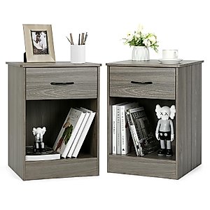 VOWNER 2 PCS Grey Nightstand with Drawer and Storage Shelf, Bedside Table End Tables, File Cabinet Storage with Sliding Drawers and Shelf for Bedroom