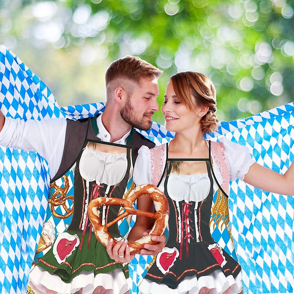 BELCOSD 2Pcs Oktoberfest Apron, German Oktoberfest Decorations Party, Bavarian Style Novelty Funny Aprons for Women, Adjustable Tying Ropes, Couples Cooking Dirndl Apron