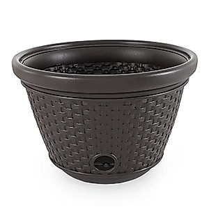 Suncast Heavy Duty Plastic Wicker Decorative Garden Water Hose Storage Holder Pot with Drain Holes for 100 Foot Hoses, Java, 2 Pack