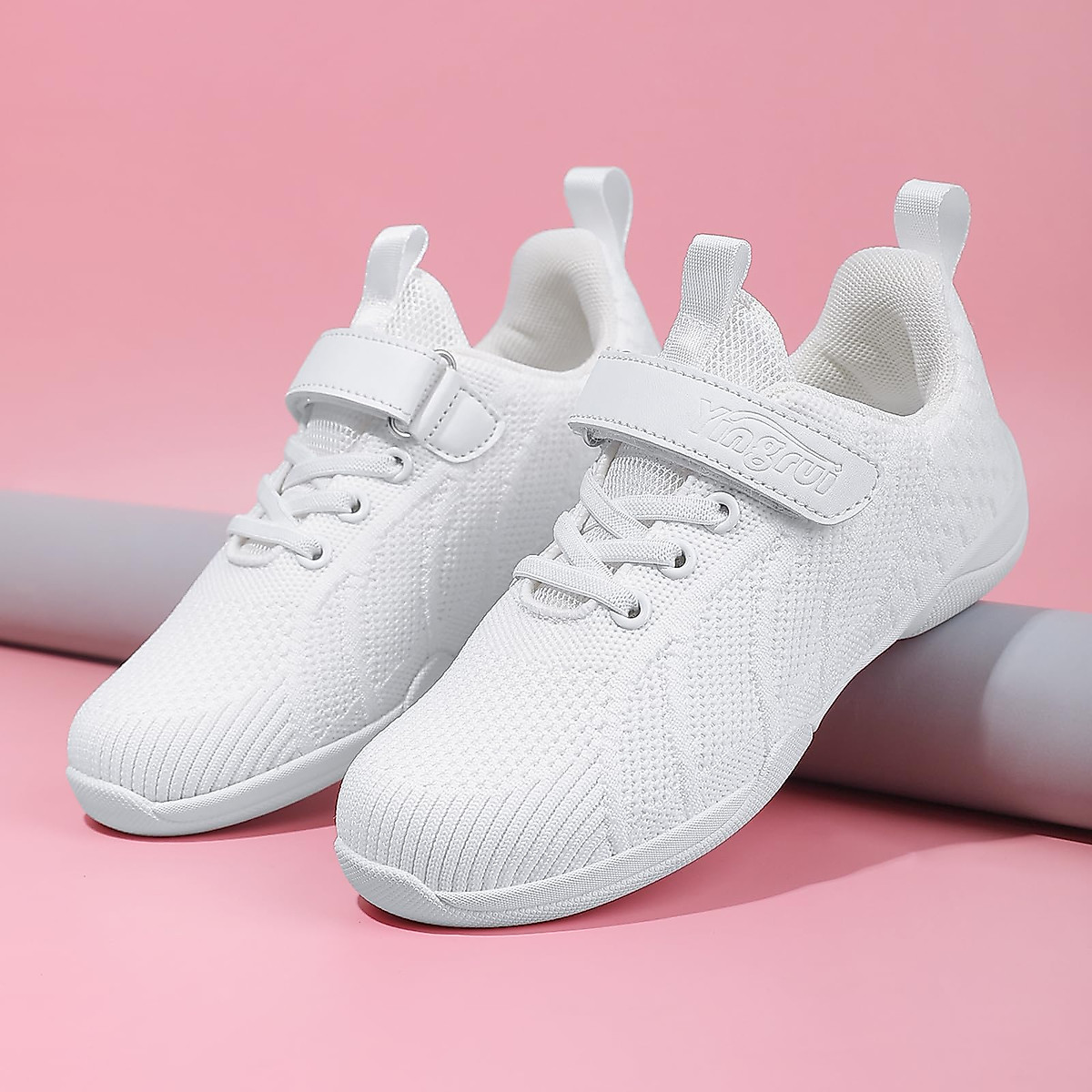 VINIGIAGIA Youth Girls Boys White Cheerleading Shoes Athletic Training Tennis Breathable Competition Mesh Hook&Loop Cheer Sneakers Size 12.5