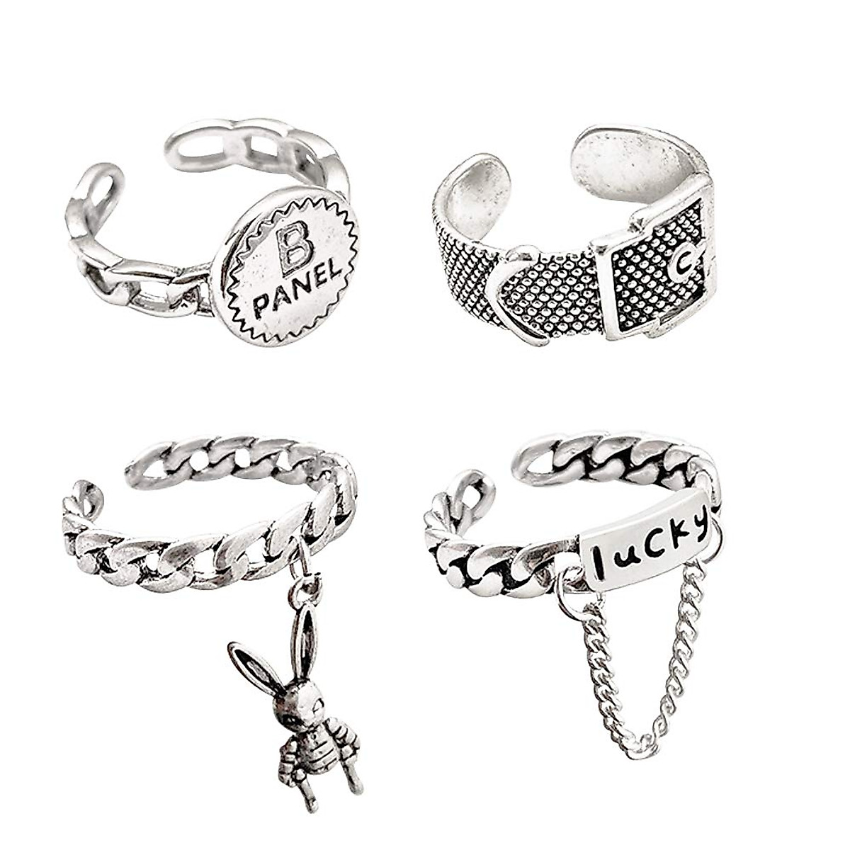 Adjustable Belt Buckle Rabbit Engraved Lucky B Chain Rings Set Silver For Women Goth Viking Kpop Punk Vintage Open Stackable Ring Set For Daughter Mom Jewelry