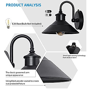 JOESA Dusk to Dawn Classic Outdoor Barn Light Fixture, Outdoor Waterproof and Rust Resistant Gooseneck Barn Lights, E26 Front Porch Lights for House, Garage, Garden