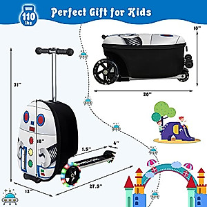 HONEY JOY Kids Scooter Suitcase, 18” Children Carry on Scooter Luggage w/Light-up LED Wheels, Waterproof Shell & Retractable Handle, Lightweight Foldable Ride on Suitcase for Kids Boys Girls(Robot)