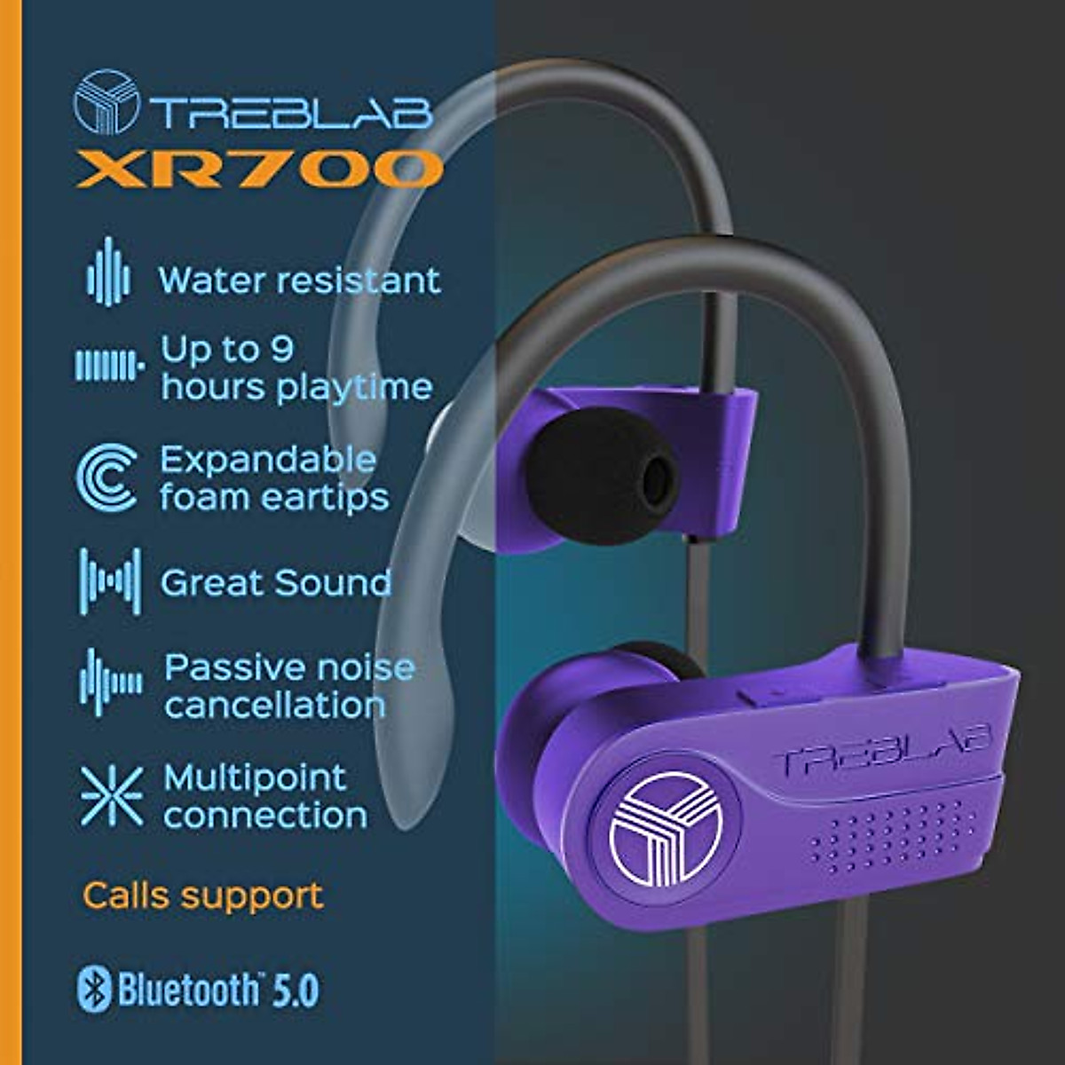 TREBLAB XR700 Wireless Sports Earbuds - Custom Adjustable Earhooks, PRO Running Bluetooth 5.0 Headphones for Athletes. IPX7 Waterproof, Sweatproof, in-Ear Headset, Noise Cancelling Earphones (Purple)