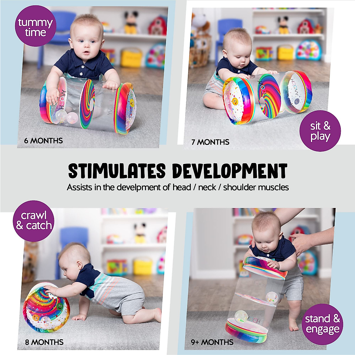 Hoovy Infant Crawling Toys | Toys for Crawling Babies | Crawling Toys for Babies 6-12 Months | Beginner Crawl Along Baby Roller | Drop Maze Tummy Time Activity Center (Rainbow Swirls)