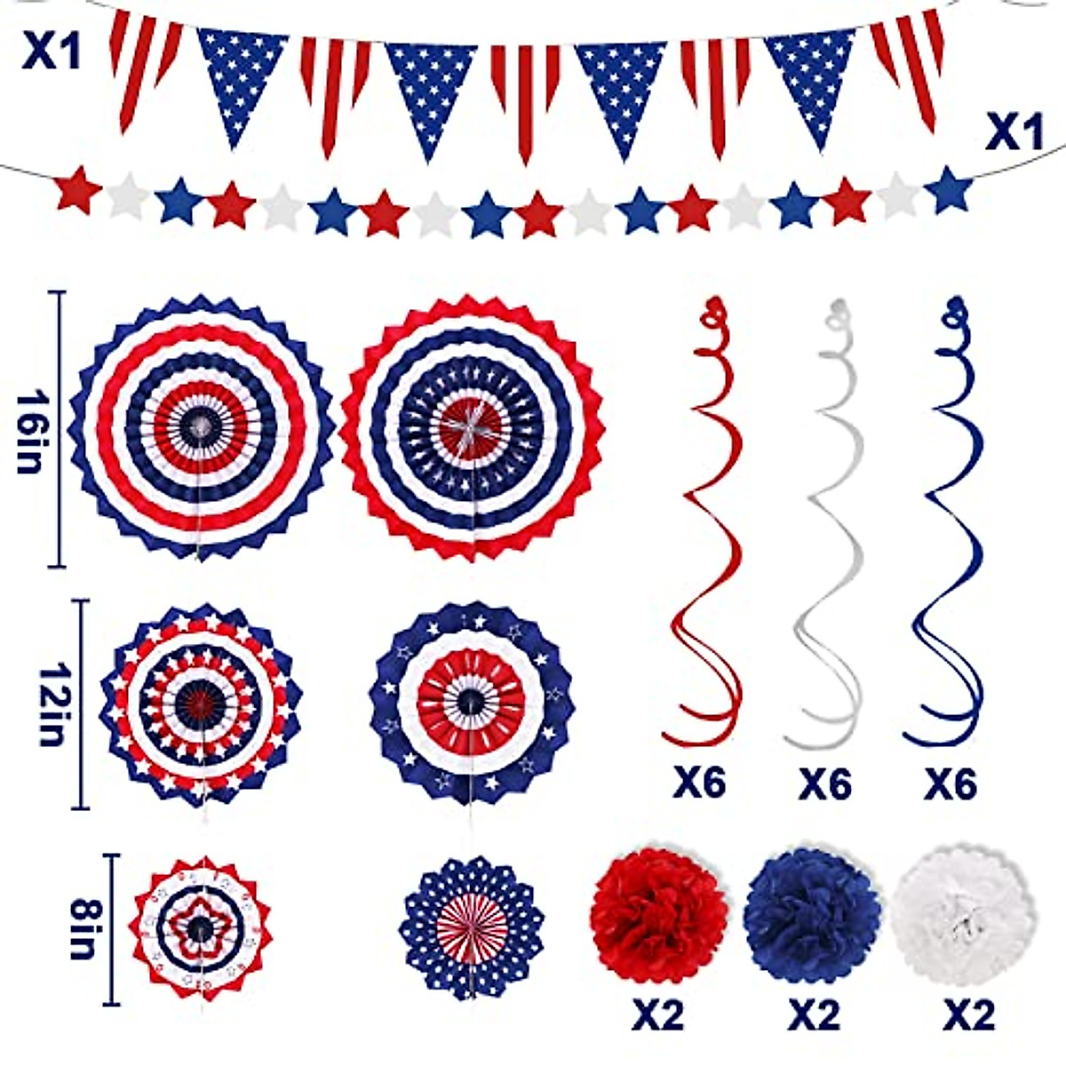 Bunny Chorus 4th of July Decorations Set 32pcs, Red White Blue Independence Day Patriotic Decorations, Large Paper Fans, Pom Poms, USA Flag Pennant Banner, Star Streamer Decor for Memorial Day