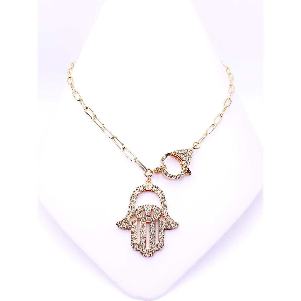 LESLIE BOULES Stunning Gold Hamsa Hand Necklace for Women 18K Gold Plated Chain Fashion Jewelry