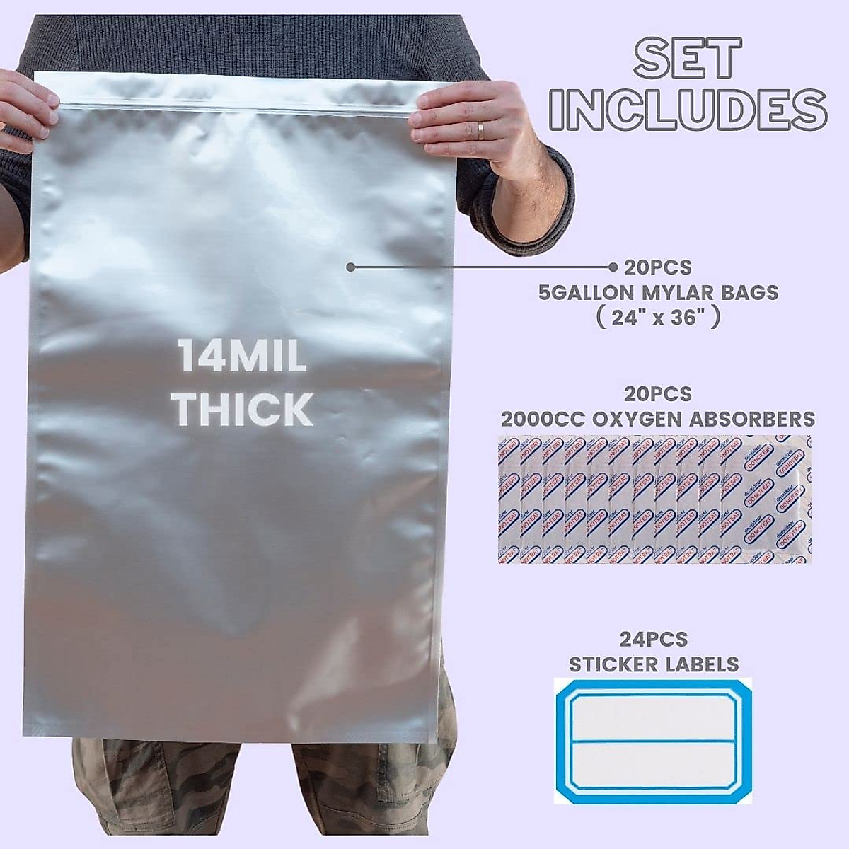 5 Gallon Mylar Bags For Food Storage with Ziplock -20pcs 14Mil Extra Thick For Long Term Storing, Dry Aging & Heat Vacuum Seal, 17x26" Large Resealable Myler Bag, 2000cc Oxygen Absorbers & Labels Pack