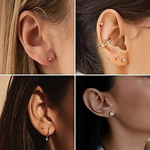 Kainier Women's 5 Pairs 14K Gold Plated CZ Stud Earrings Simulated Diamond Round Cubic Zirconia Hypoallergenic Ear Stud Set（5 Pairs)